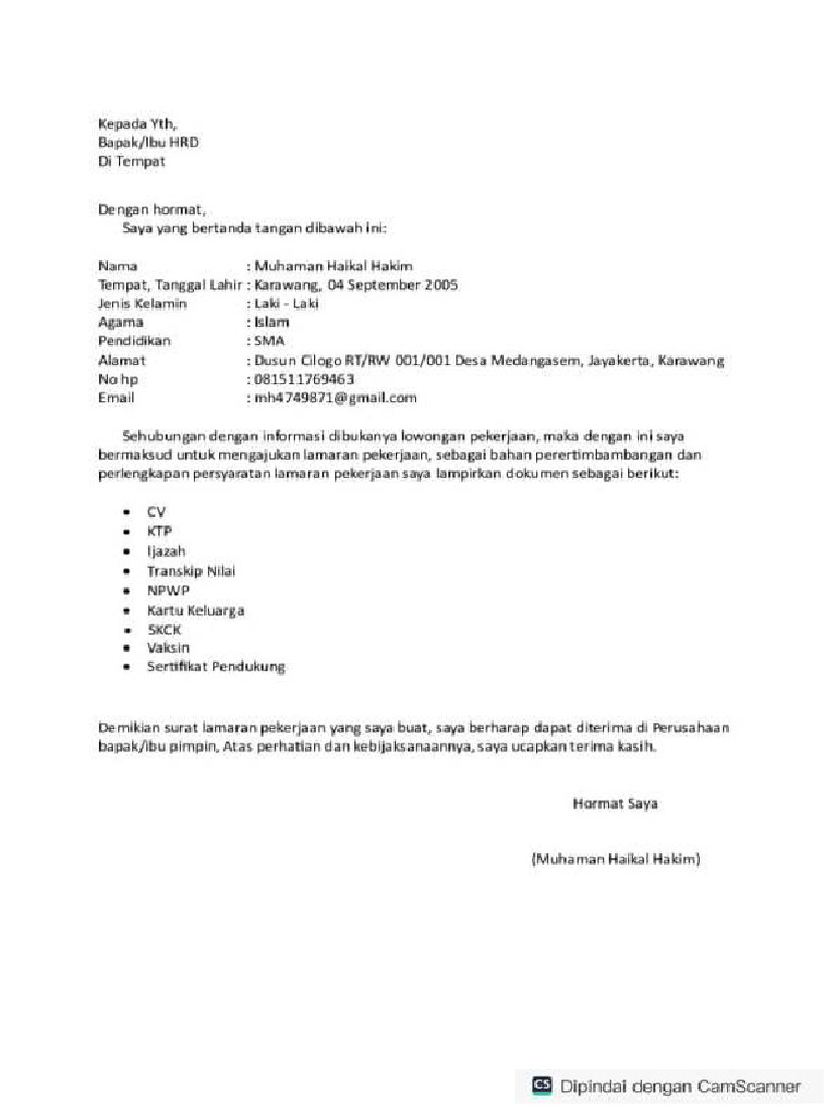 Surat Lamaran Muhamad Haikal Hakim | PDF