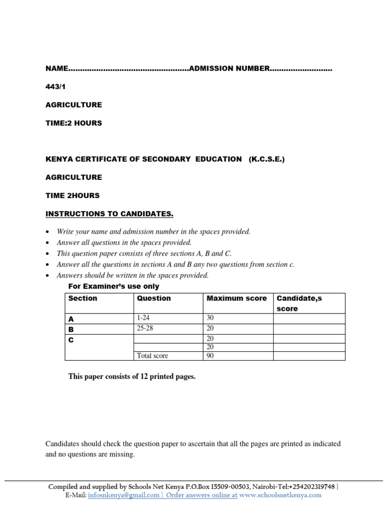 Agriculture Paper 1 Form 3 Term 3 Exam 2018 | Download Free PDF ...