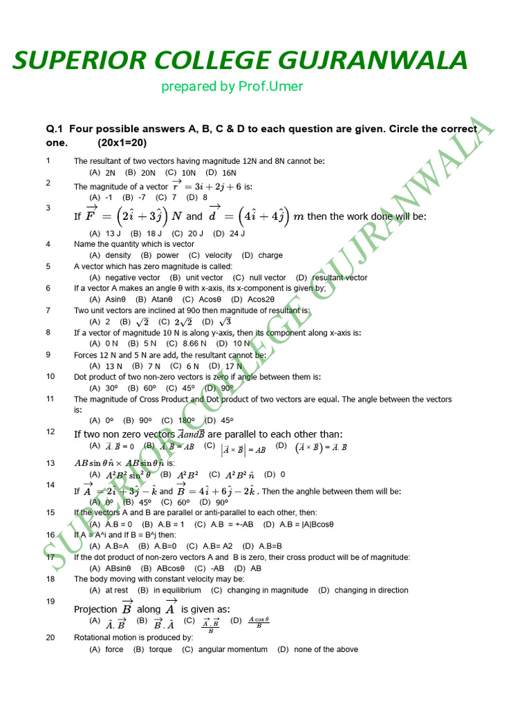 11th Phy. CH 2 MCQ-2 | PDF | Rotation Around A Fixed Axis | Linear Algebra