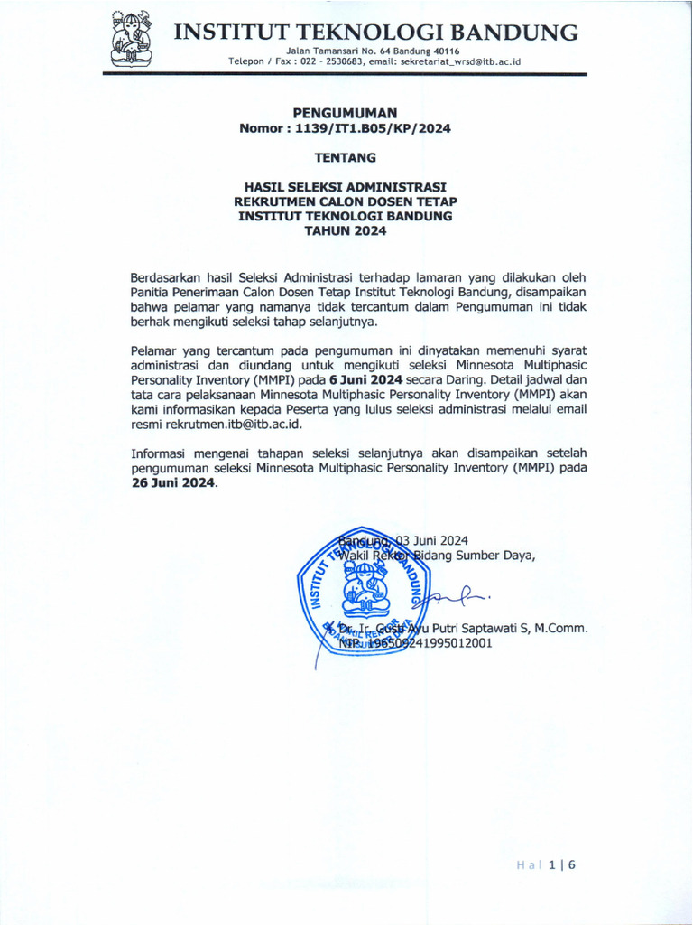 Pengumuman Hasil Seleksi Administrasi Rekrutmen Calon Dosen Tetap ITB 2024 | PDF