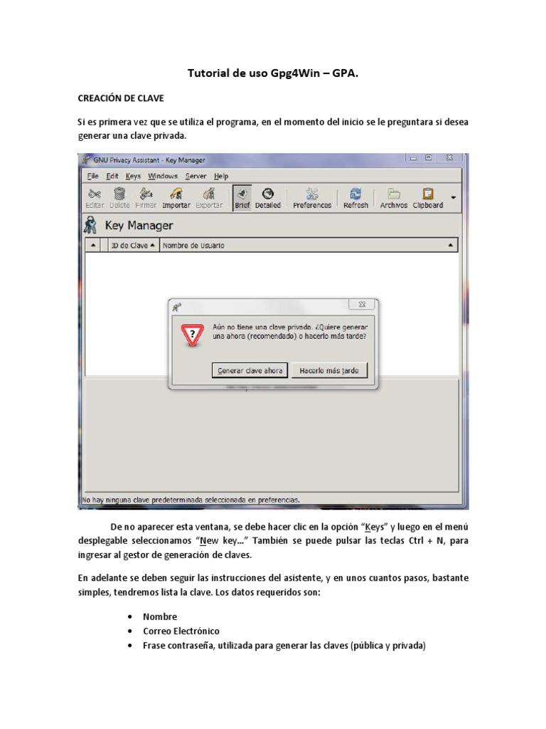 Tutorial Gpg4Win: Creación y Cifrado de Claves | PDF | Clave (criptografía) | Archivo de computadora