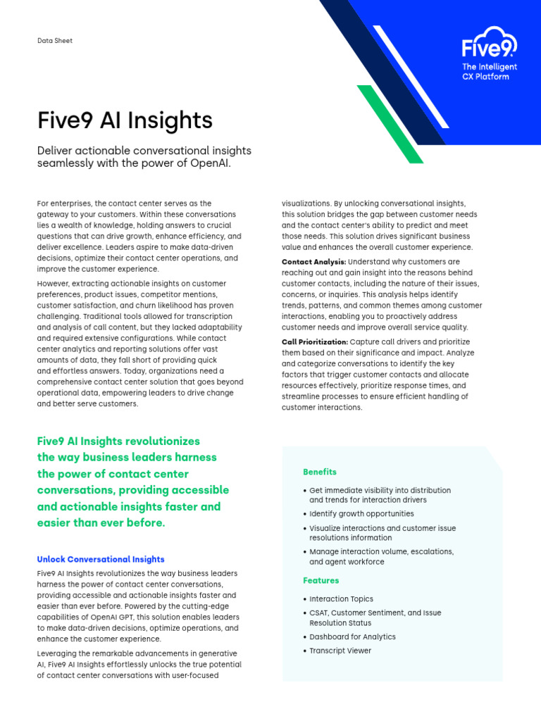 Data - Sheet - AI - Insights - Five9 | PDF | Artificial Intelligence | Intelligence (AI) & Semantics