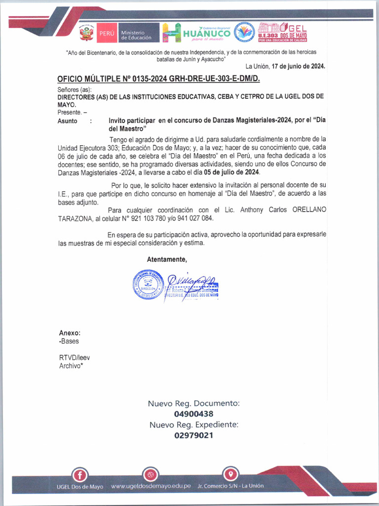 Oficio (M) #0135-2024 Participar en El Concurso de Danzas Magisteriales 2024 Por Dia Del Maestro ...