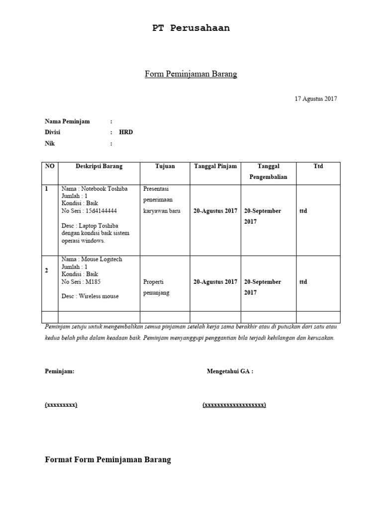 Contoh Form Peminjaman Barang Inventaris Kantor 02 | PDF