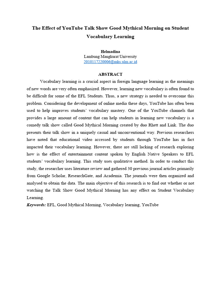 The Effect of YouTube Talk Show Good Mythical Morning On Student ...