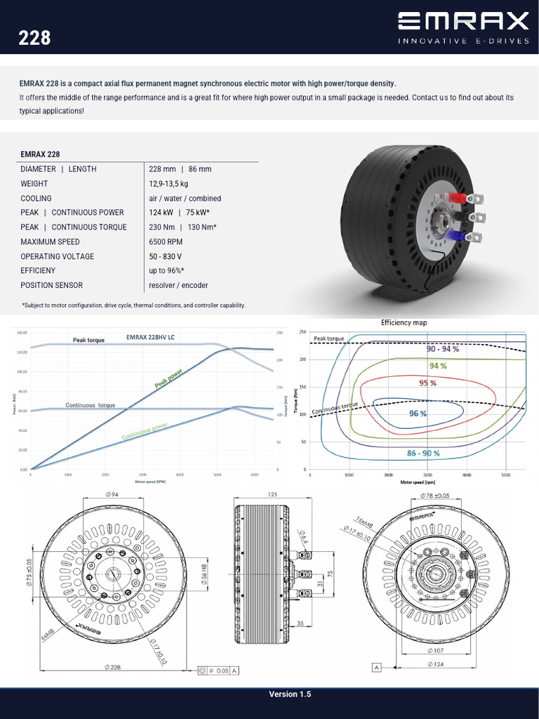 EMRAX 228 Datasheet v1.5 | PDF | Electric Motor | Power (Physics)