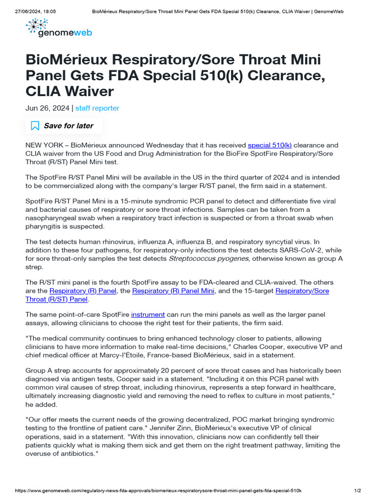 BioMérieux Respiratory - Sore Throat Mini Panel Gets FDA Special 510 (K ...