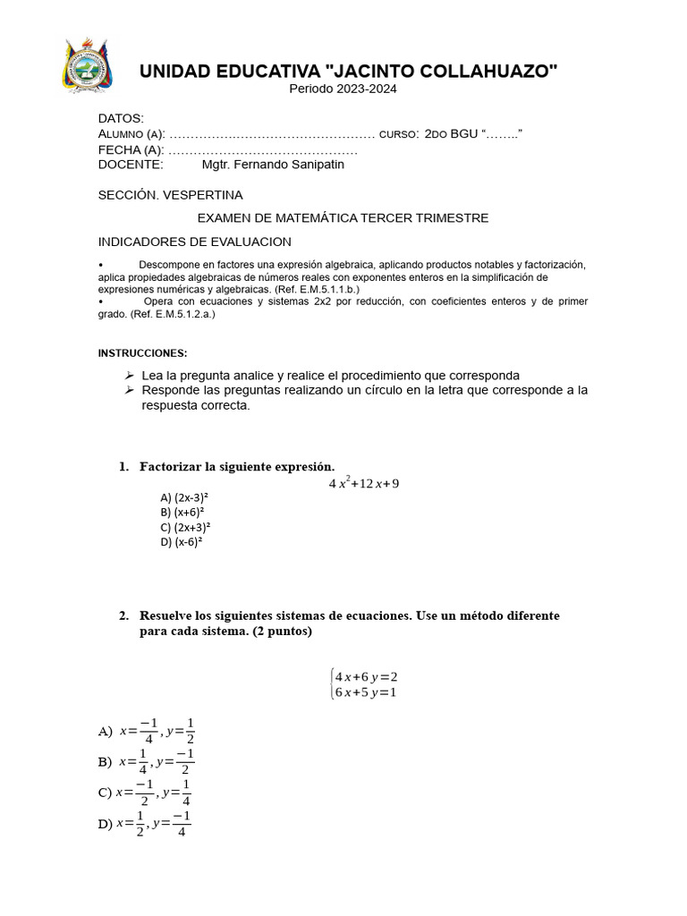 Examen MATE 2 BGU 23-24 3er Trimestre | PDF | Factorización | Conceptos ...