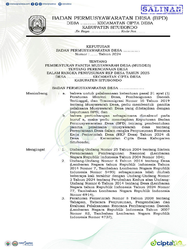 SK Panitia Musdes Perencanaan Desa RKP Desa 2025 (WWW - Ciptadesa.com) | PDF