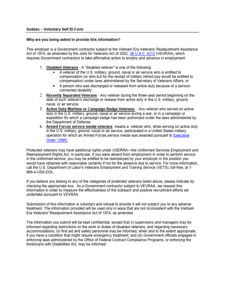 Sodexo Voluntary Self-ID Form for Veterans | PDF | Employment | Disability