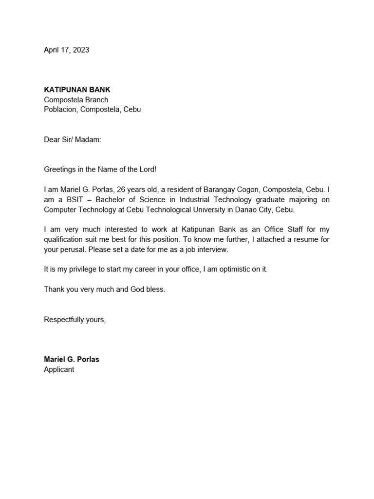 Application Letter at Katipunan Bank | PDF