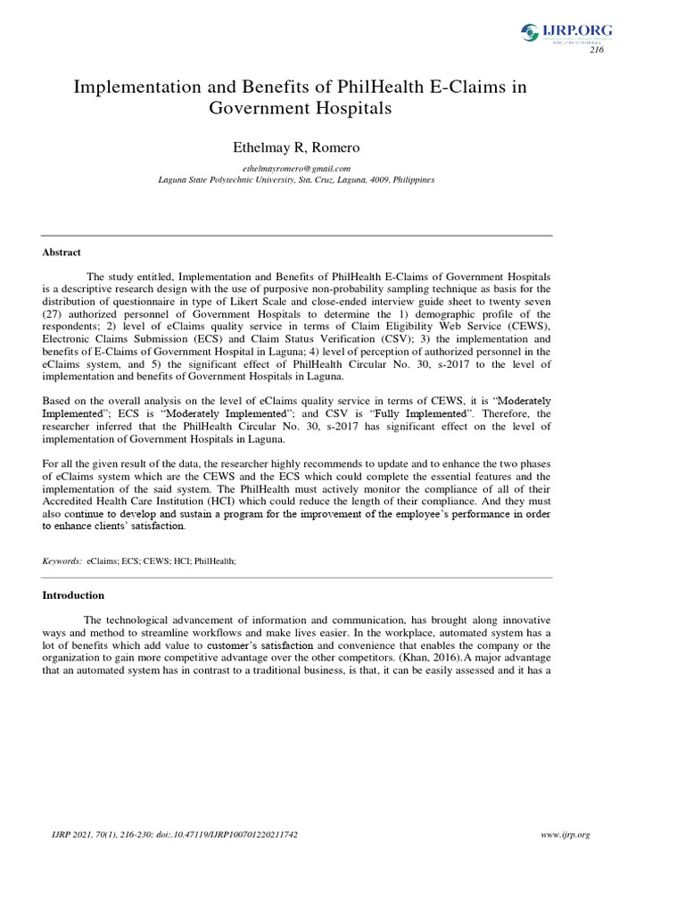 Implementation and Benefits of Philhealth E-Claims in Government ...