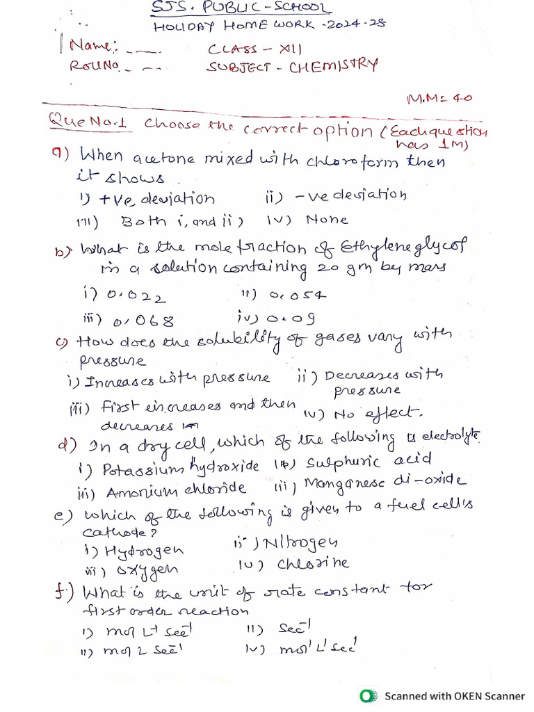 Class 12 Chemistry Holiday Homework | PDF