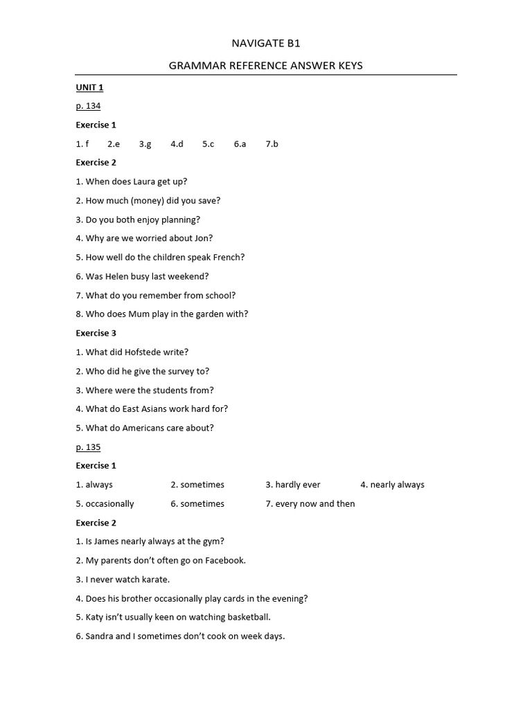 GRAMMAR REFERENCE ANSWER KEYS - Navigate B1 | PDF