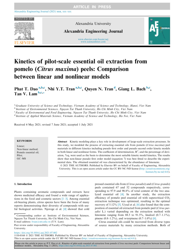 Kinetics of Pilot-Scale Essential Oil Extraction From Pomelo (Citrus ...