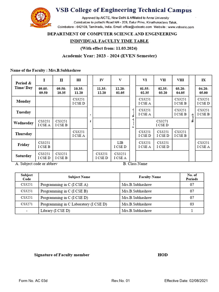 INDIVIDUAL - TIME TABLE Subha - EVEN SEM | PDF