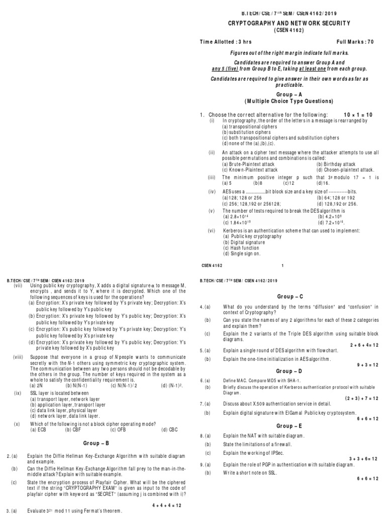 Cryptography and Network Security (Csen 4162) | PDF | Public Key Cryptography | Cryptography