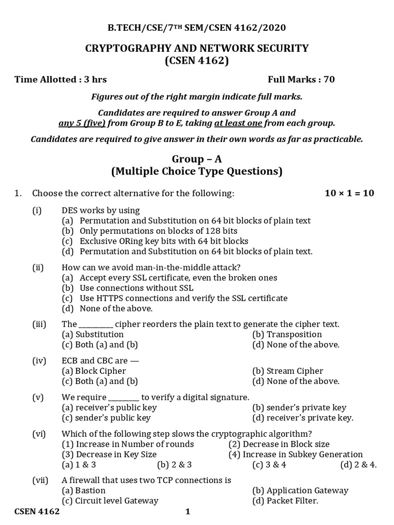 Cryptography and Network Security (Csen 4162) | PDF | Key (Cryptography) | Transport Layer Security