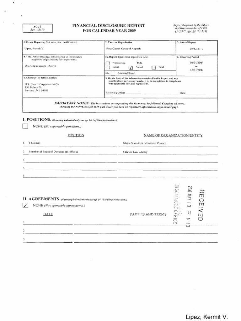 Kermit V Lipez Financial Disclosure Report For 2009 | PDF | United ...