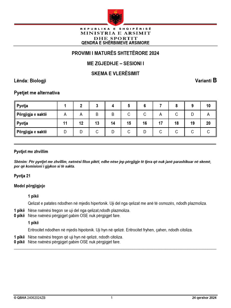 Biologji Varianti B Skema e Vleresimit | PDF
