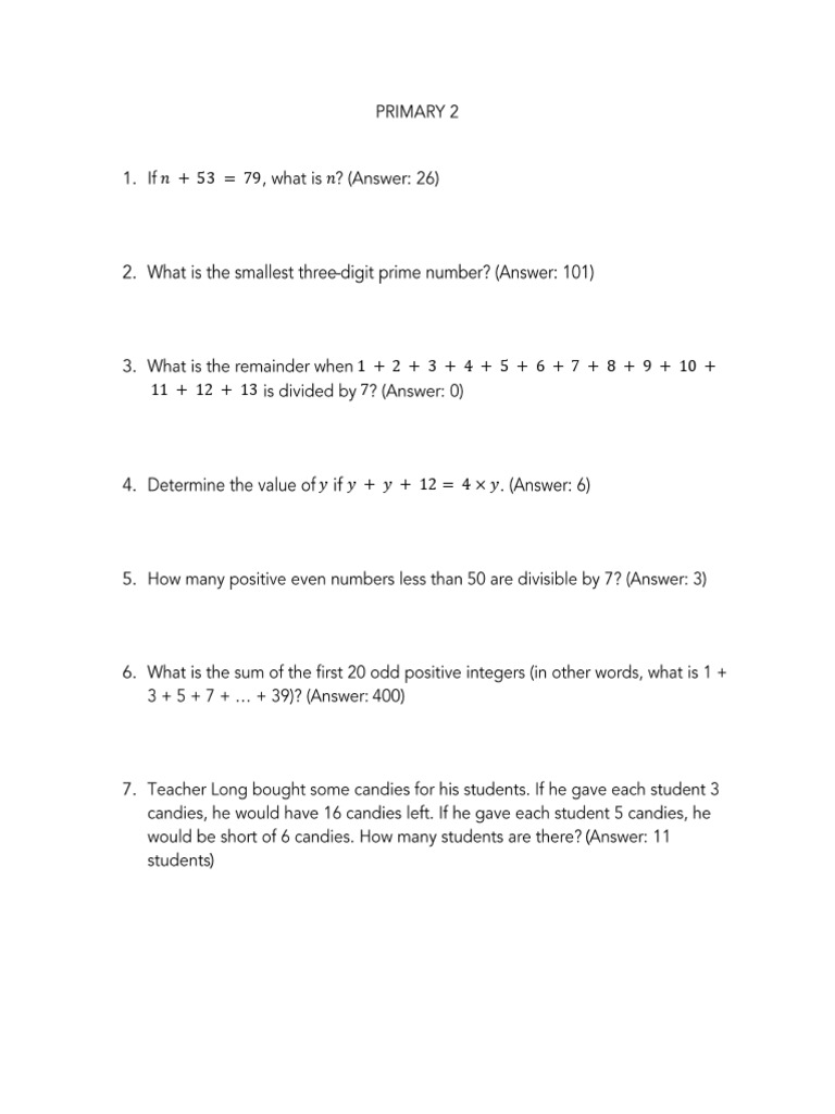 Primary 2 - SIMSO Math 2023 (With Answers) | PDF