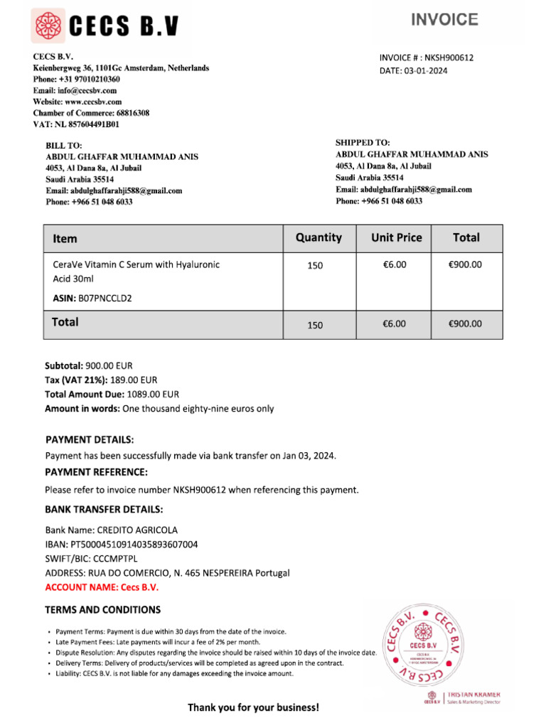 cecs bv invoice | PDF