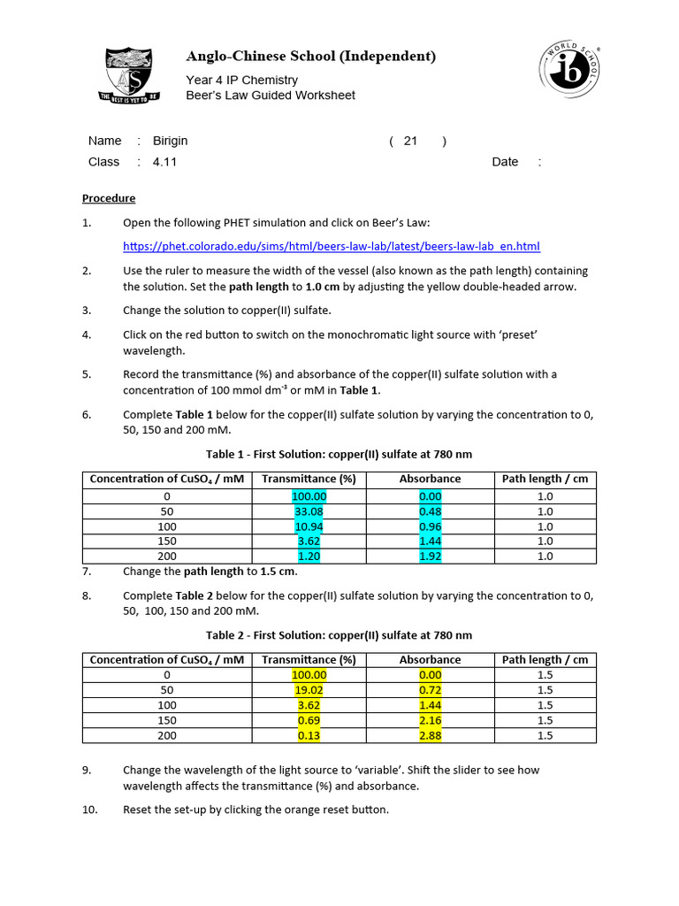Flipped Classroom Worksheet 2 - PHET Simulation On Beer's Law (Student ...