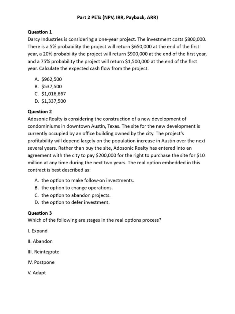 Part 2 PETs (NPV, IRR, Payback, ARR) - Qs 23 Mar 2024 | PDF | Net Present Value | Internal Rate ...