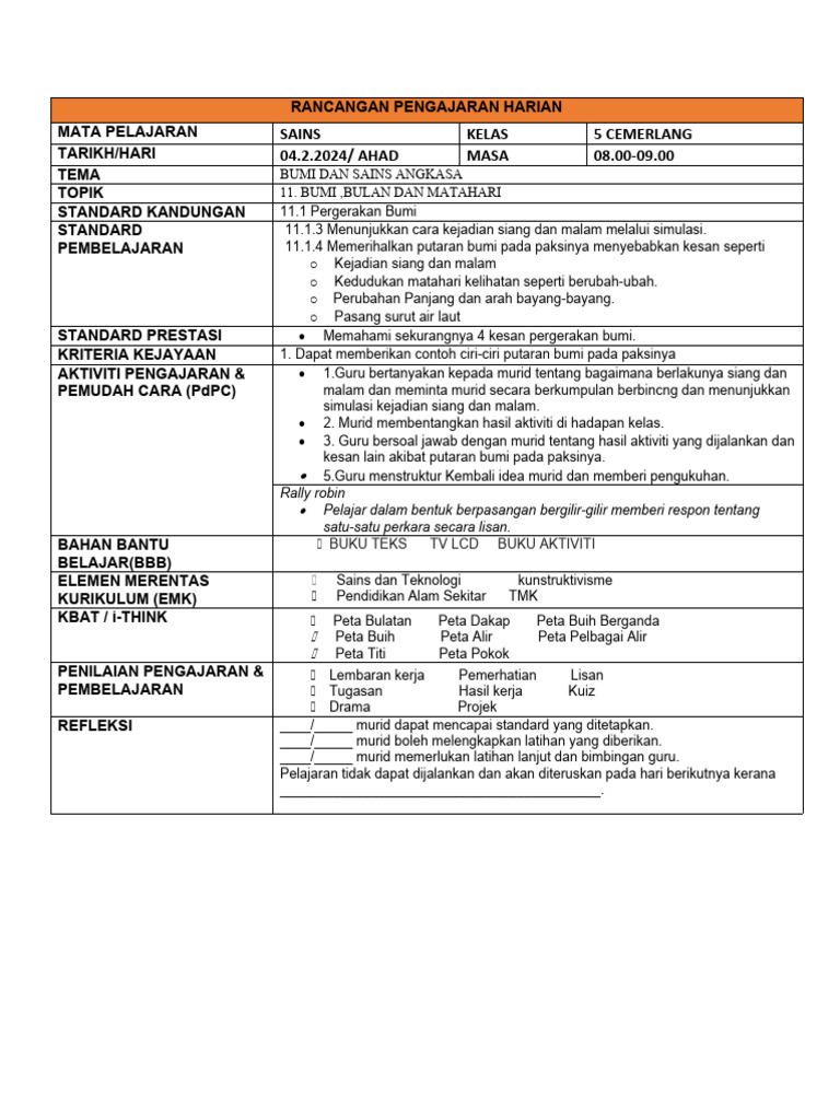 RPH Sains Tahun 5 (m42) Ahad 4.2.2024 | PDF