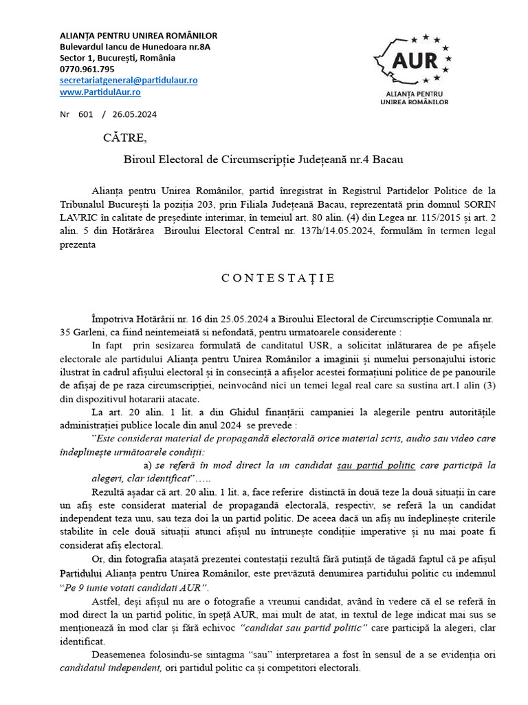 Contestatie 25.05.2024 Garleni | PDF