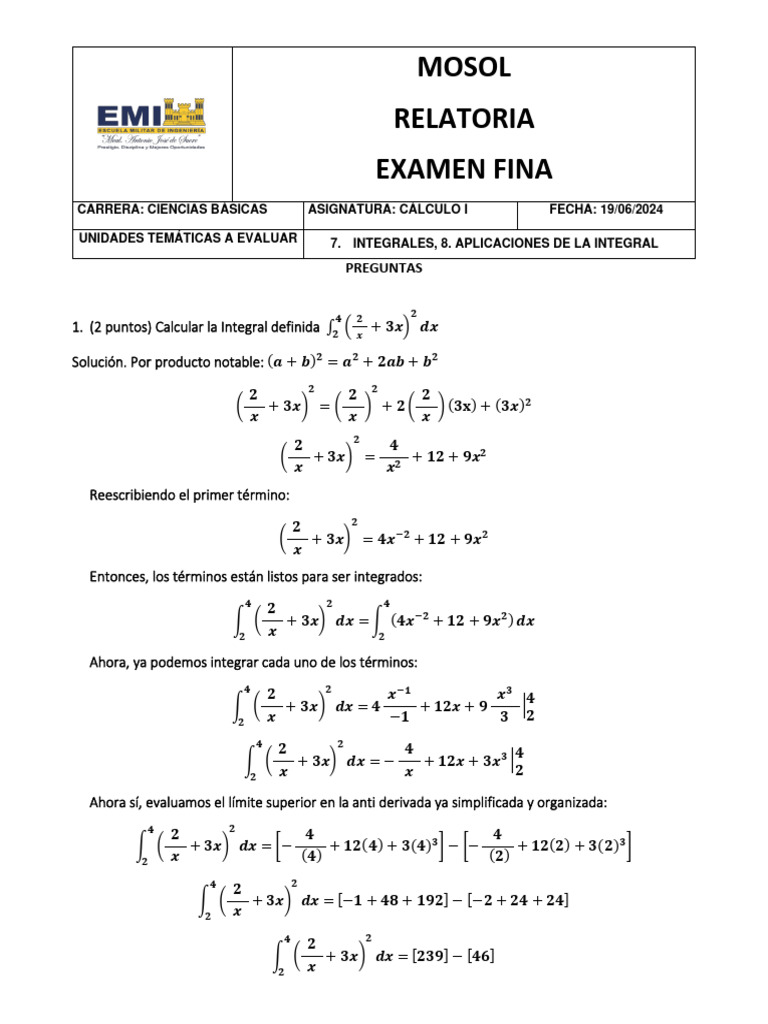 Mosol Examen Final - Calculo i - 2024 | PDF | Integral | Álgebra