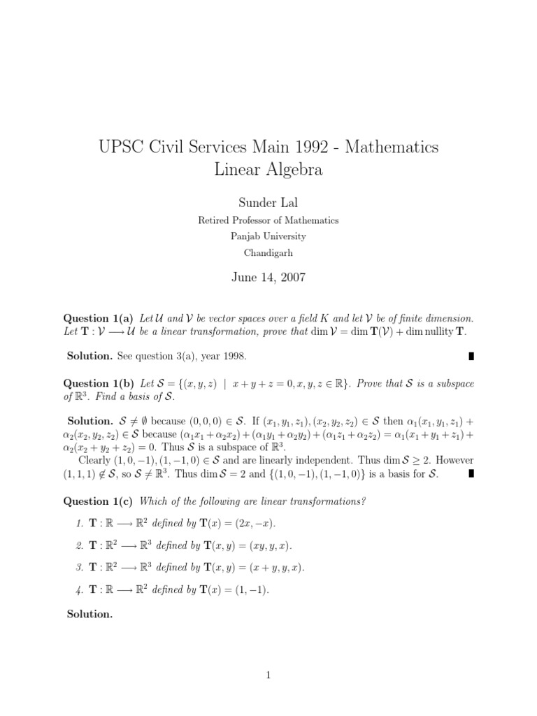 Linear Algebra 1992 | PDF | Matrix (Mathematics) | Linear Subspace