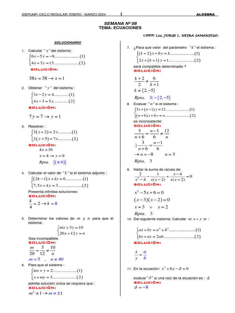 SEMANA 08 ALGEBRA REGULAR ENERO 2024 - SOLUCION-cortaa | PDF | Ecuaciones | Matemáticas