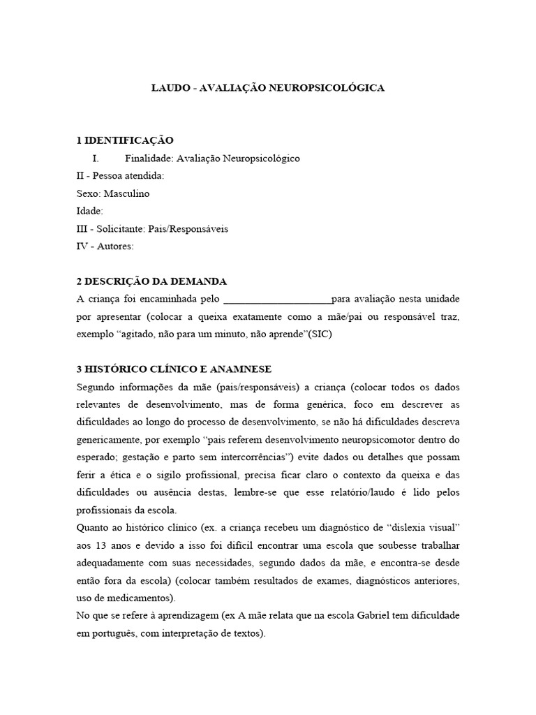 Modelo de Laudo - Diagnostico Diferencial | PDF | Neuropsicologia | Quociente de inteligência