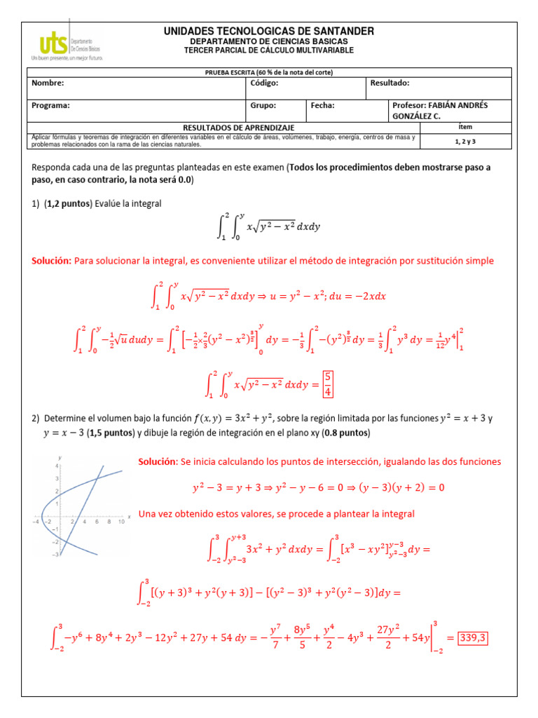 Parcial Segundo Corte Multivariable D181 - Solución | PDF | Integral | Cálculo multivariable