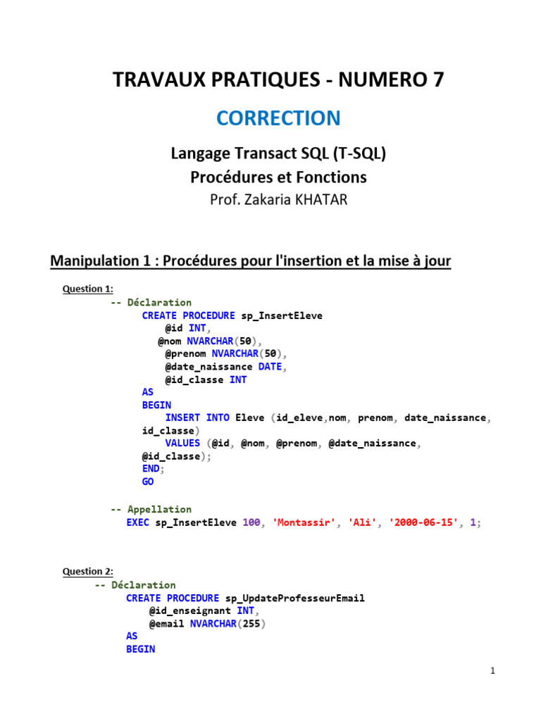 TP7 - CORRECTION - Procédures & Fonctions | PDF | Programmation informatique | Gestion des données