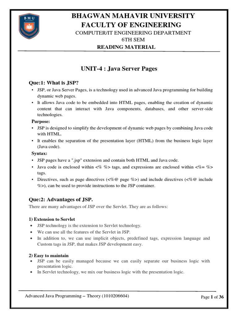 UNIT-4-Java Server Page-AJP-6TH-SEM-SUMMER-2024 | PDF | Java (Programming Language) | Software ...