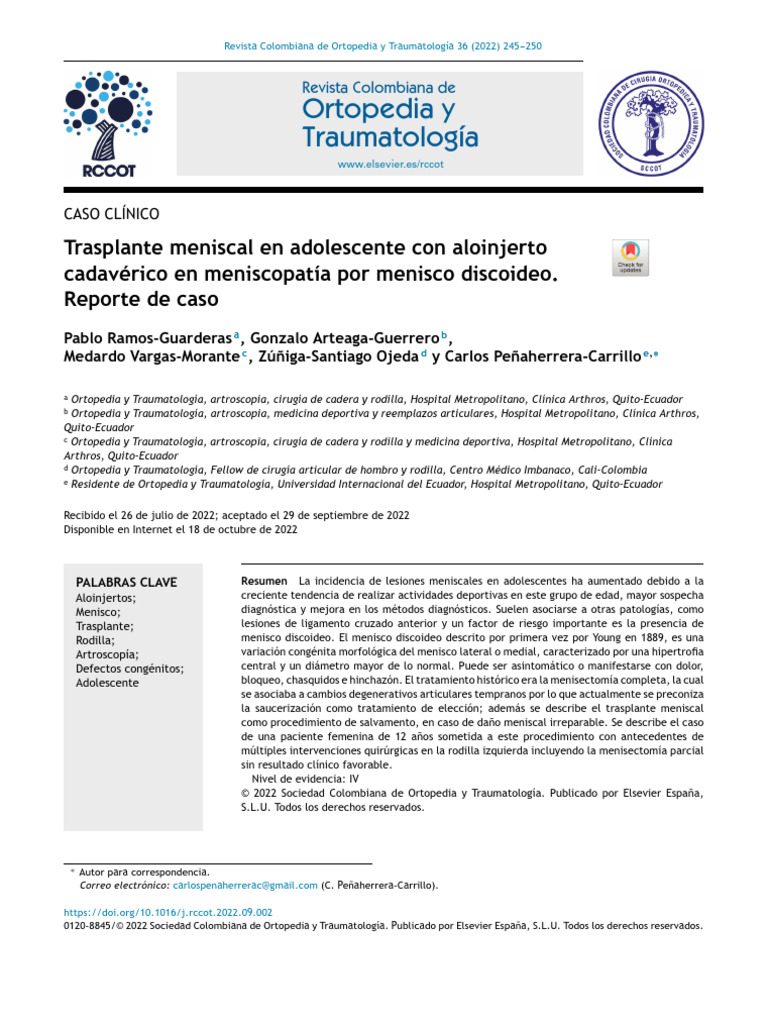 Trasplante Meniscal en Adolescente Con Aloinjerto Cadavérico en ...