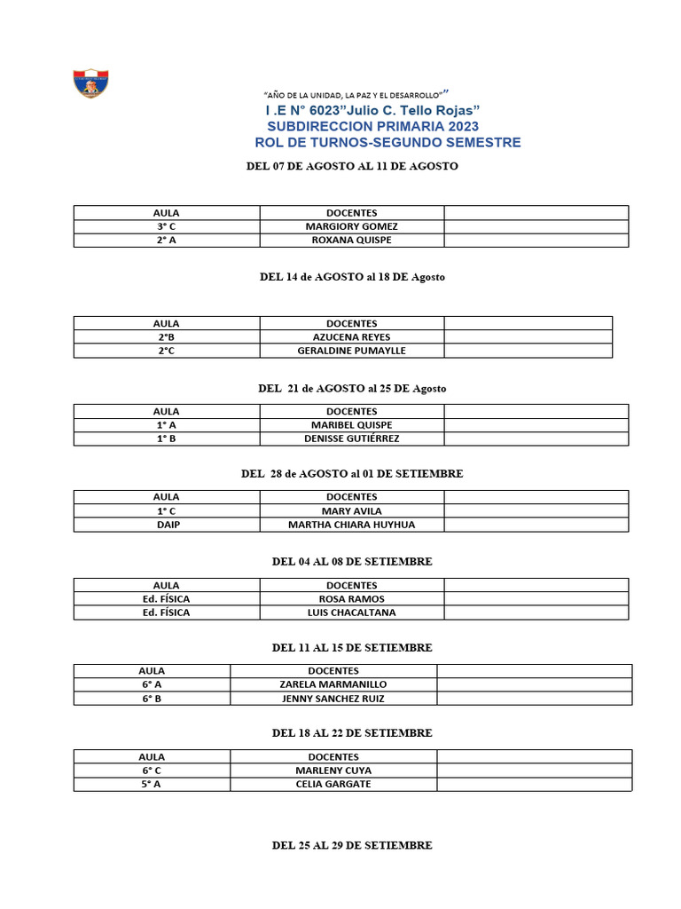 2DO ROL DE TURNOS 6023-2023 DE 1RO A 6TO GRADO (Autoguardado) | PDF
