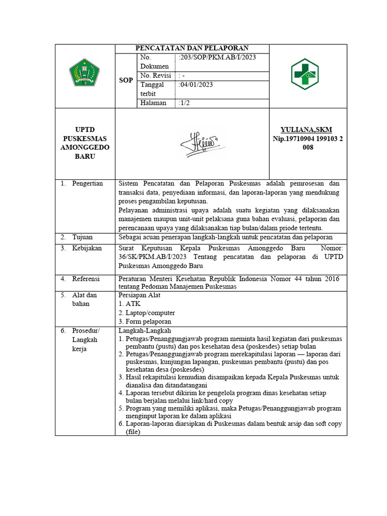 Sop Pencatatan Dan Pelaporan | PDF