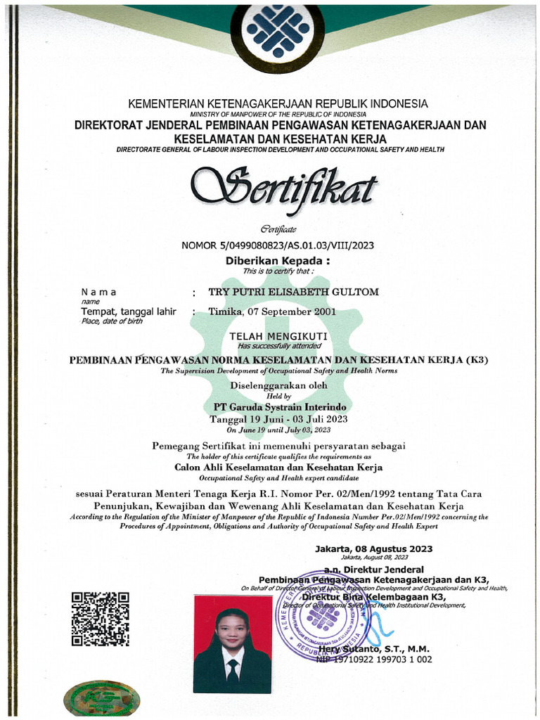 Sertifikat AK3U Try Putri Elisabeth Gultom | PDF