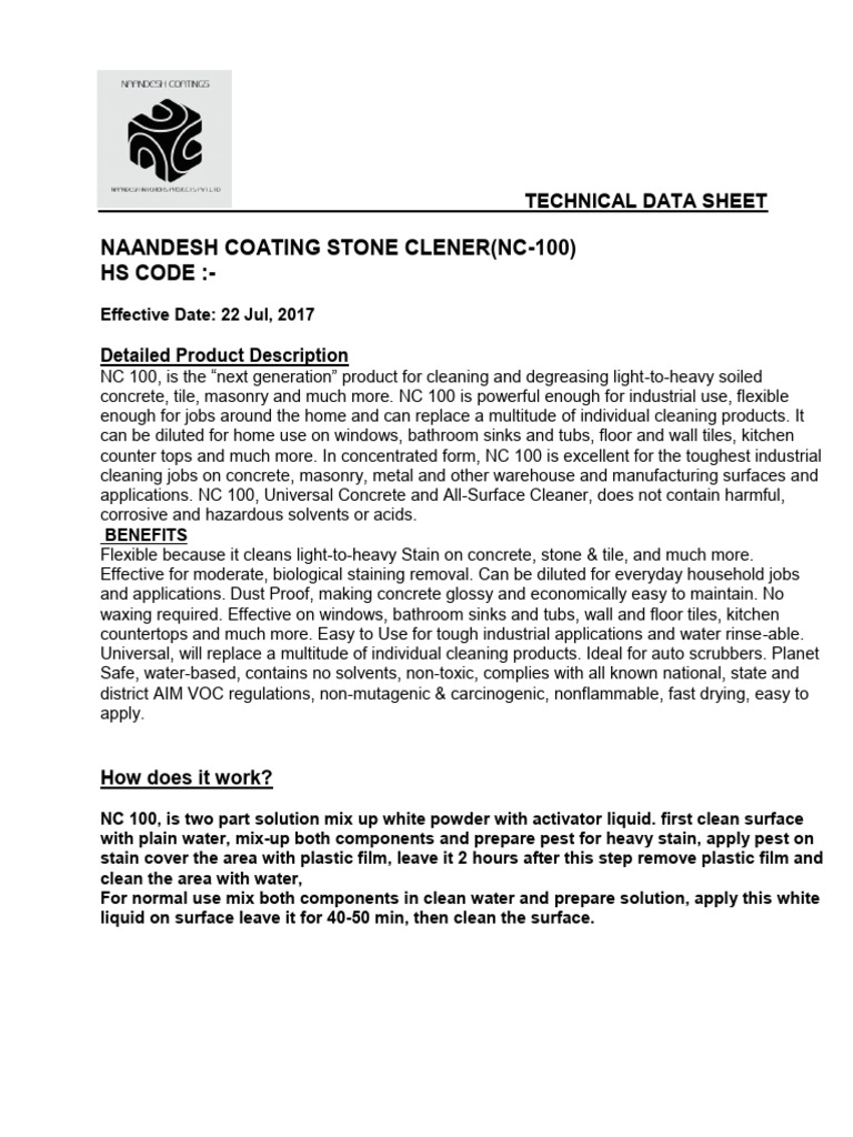 Technical Data Sheet Nc100 Cleaner | Download Free PDF | Countertop | Water