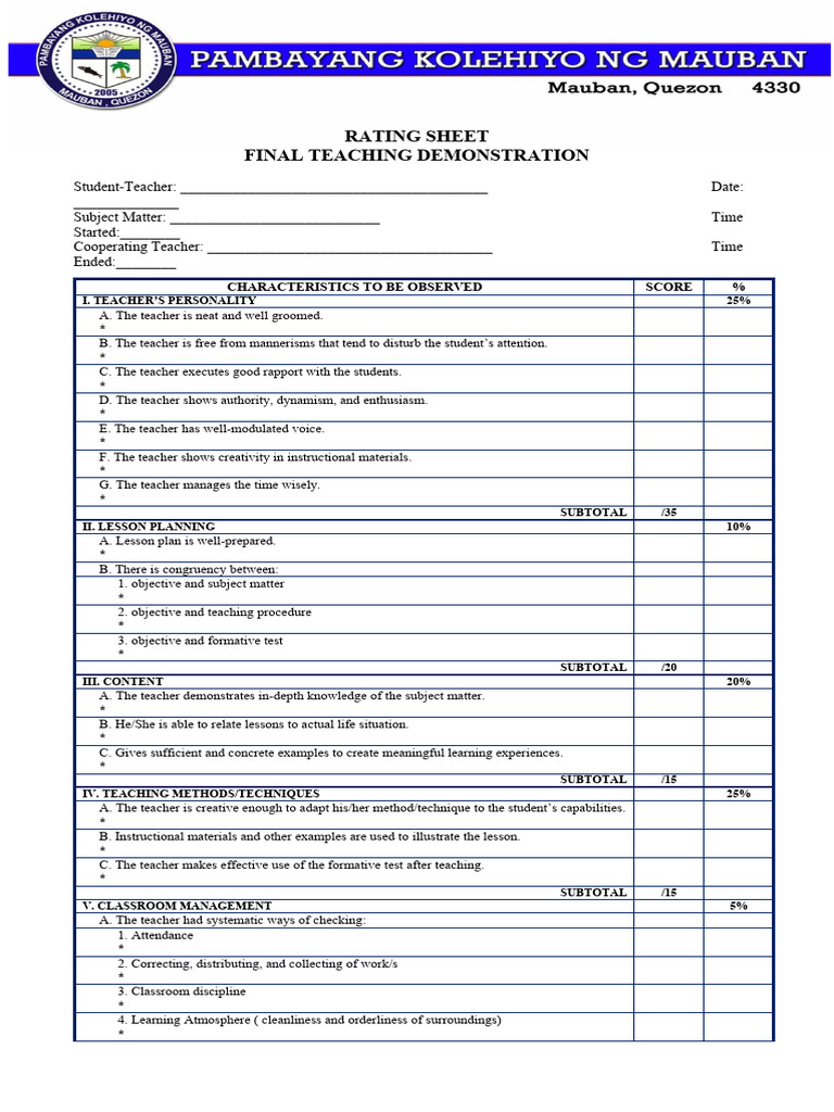 Final Demo Rating Sheet | PDF | Teachers | Learning