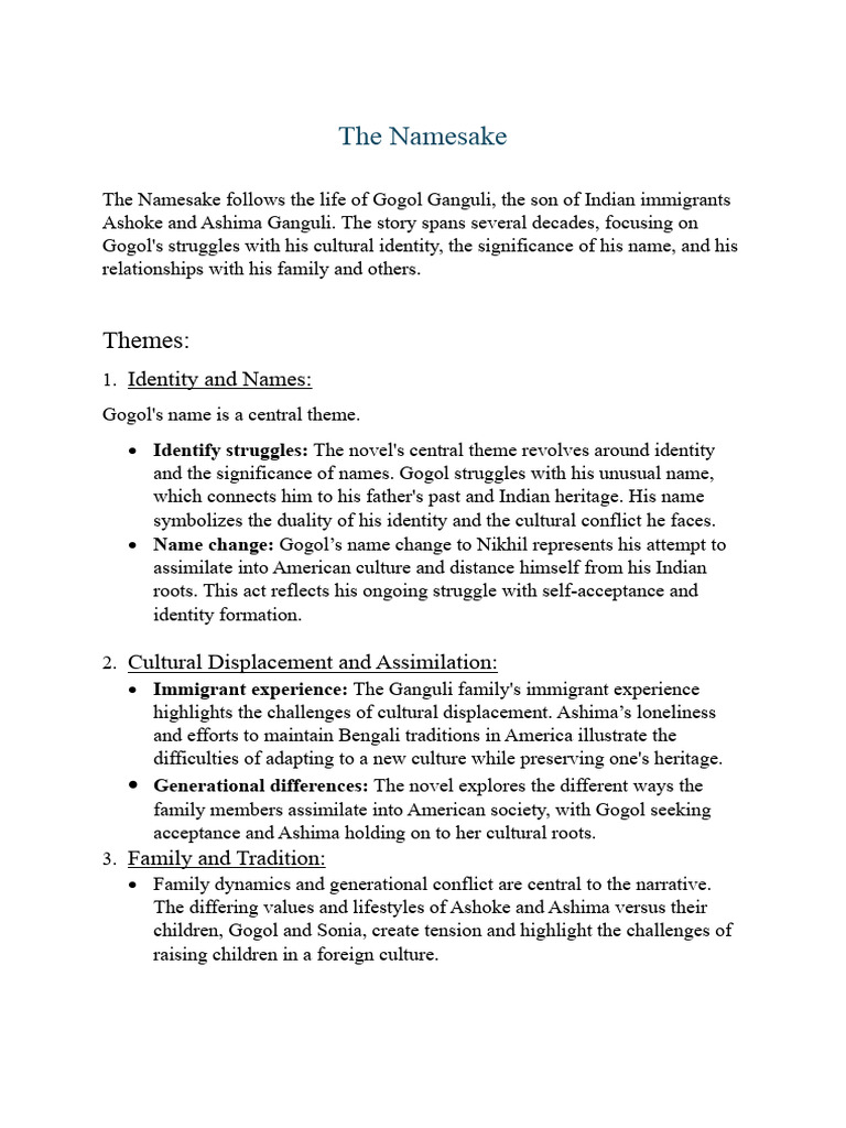 The Namesake Notes | PDF | Behavioural Sciences | Social Psychology