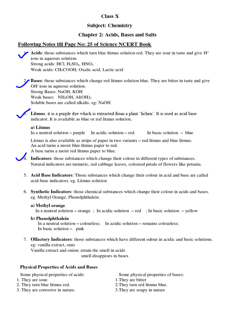 10 Chemistry - Acids, Bases and Salts - Notes | PDF | Acid | Sodium ...