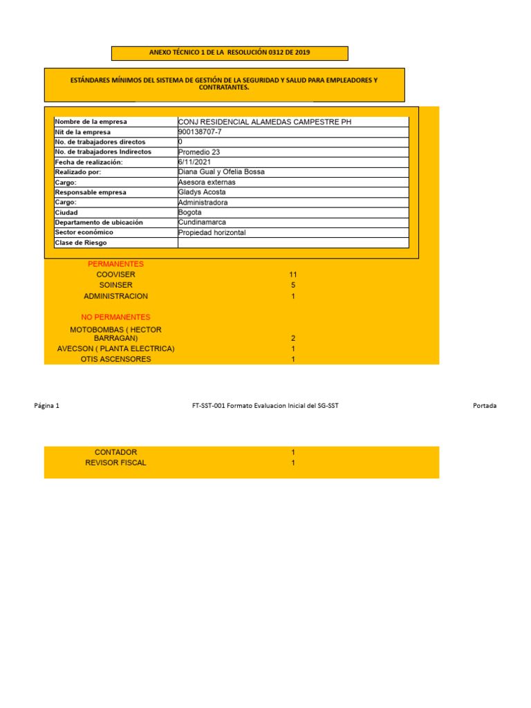 FT-SST-001 Formato Evaluacion Inicial Del SG-SST Alamedas | PDF | Evaluación | Factores humanos ...