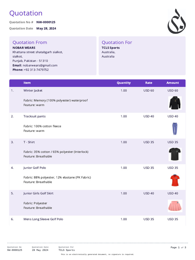 Quotation NW 0000125 Nobar Wears Tcls Sports | PDF | Textiles | Clothing