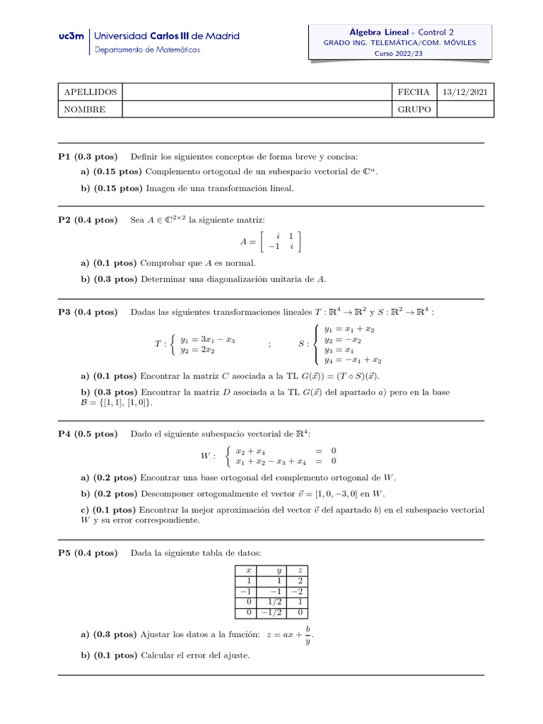 Álgebra Lineal - Control 2: Grado Ing. Telemática/Com. Móviles Curso ...