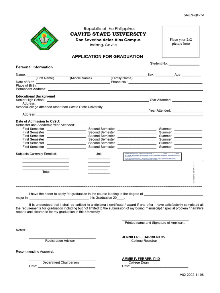 Cavite State University Graduation Application | PDF | Educational ...