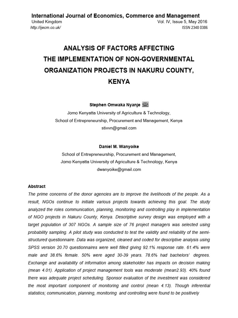 Analysis of Factors Affecting The Implementation of Non-Governmental Organization Projects in ...